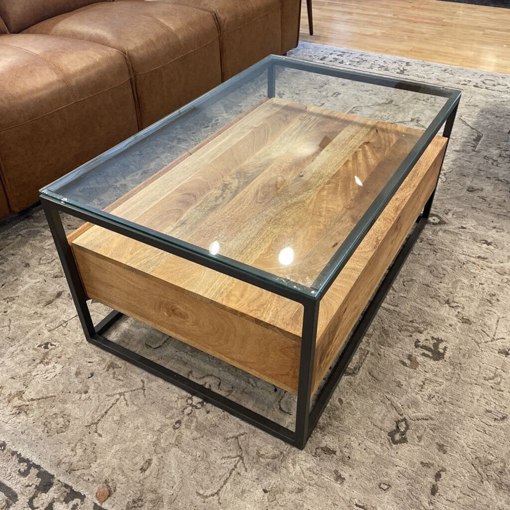 Rectangular Glass Top Wooden Drawer Metal Frame Coffee Table – Ballard ...